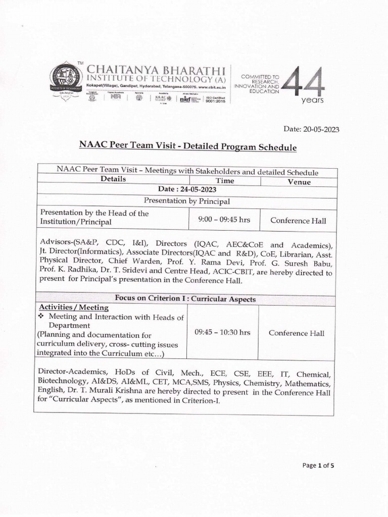 NAAC Peer Team Visit - Detailed Program Schedule - 20.05.2023 | PDF