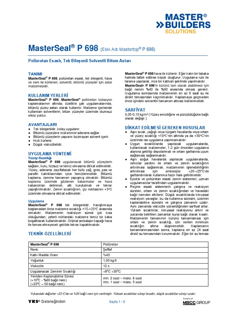 masterseal® p 698 (eski adı mastertop® p 698) (1) | PDF