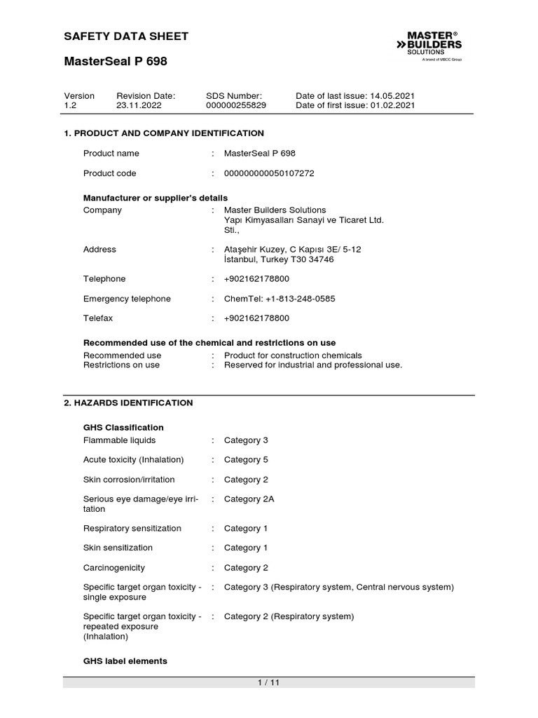 MasterSeal P 698 MSDS - EN-23.11.2022-Rev1.2 | PDF | Chemistry | Occupational Safety And Health