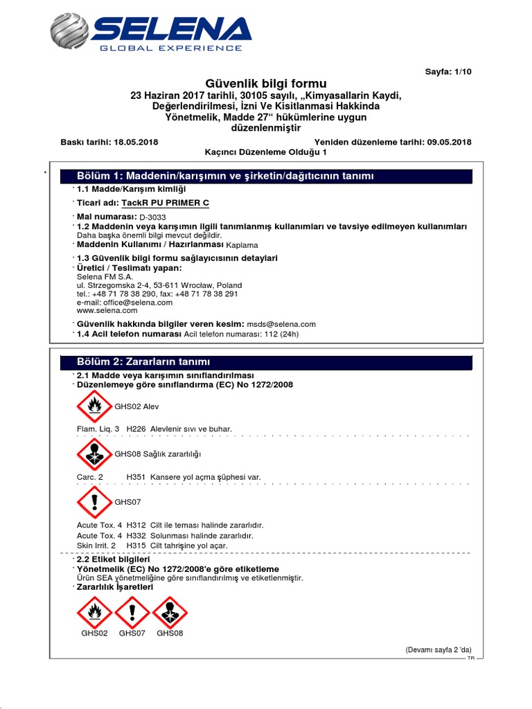 Msds D 3033 TR Tackr Pu Primer C | PDF