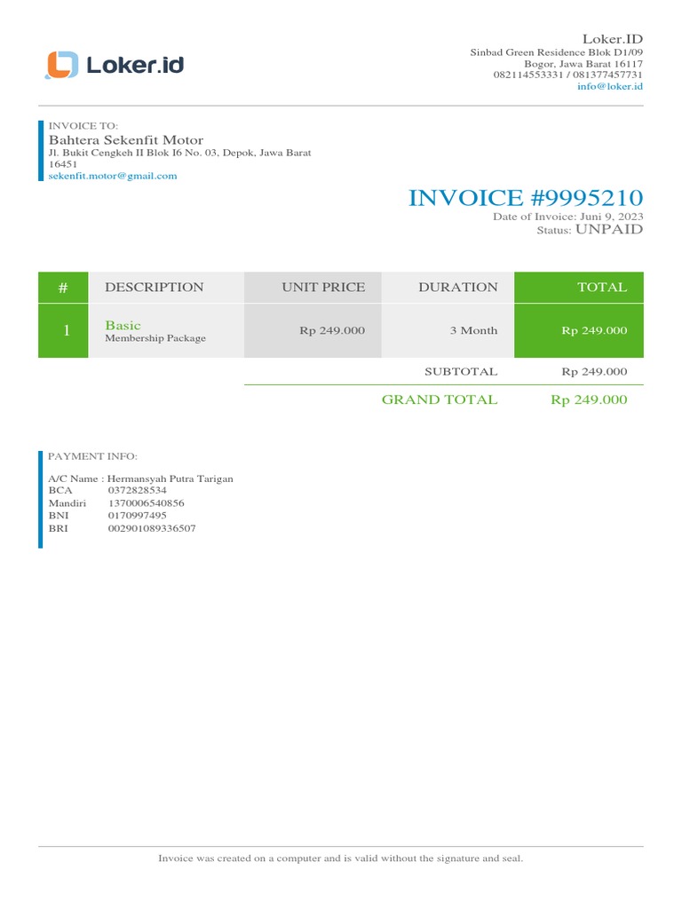 Invoice #9995210 for Membership Package | PDF