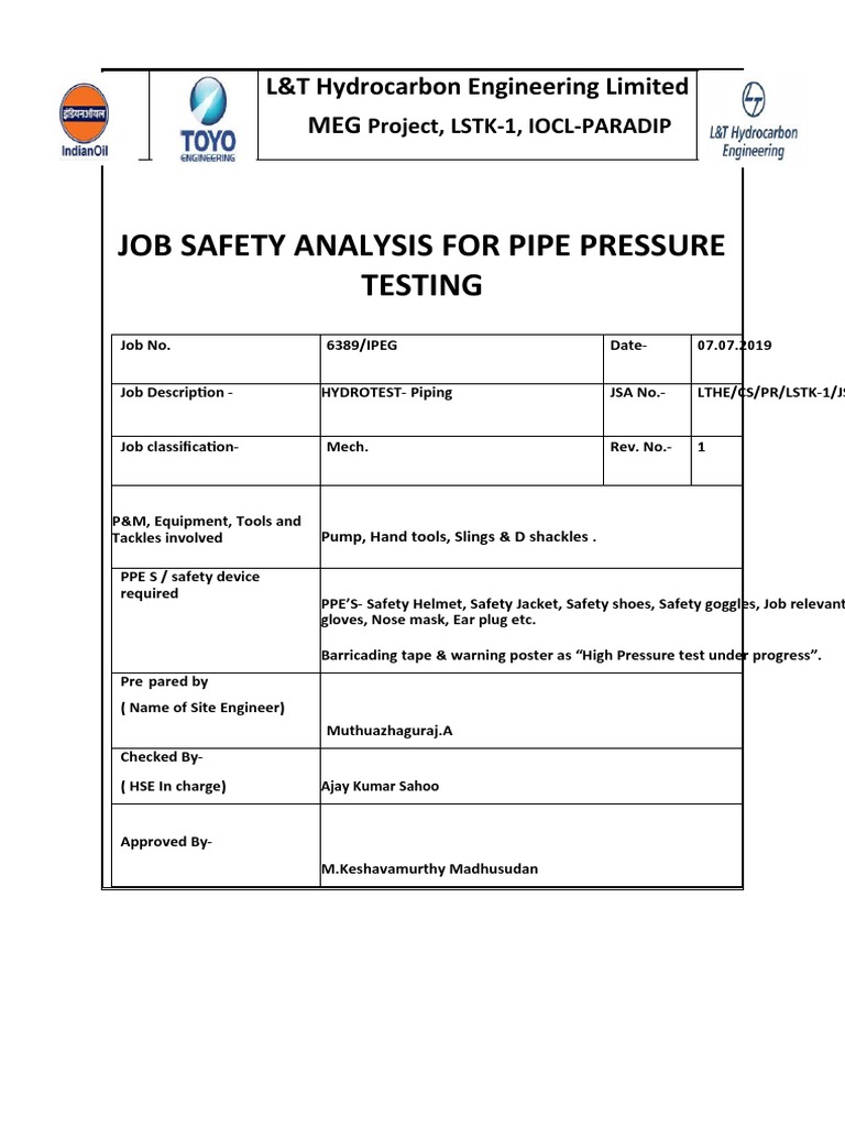 JSA For Piping-Hydro Test | PDF | Welding | Construction