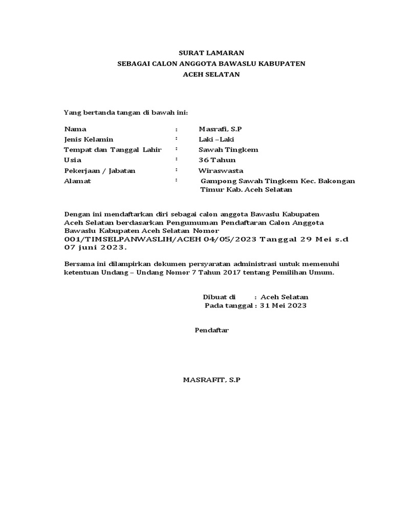 Surat Surat Daftar PANWASLIH Rafit | PDF