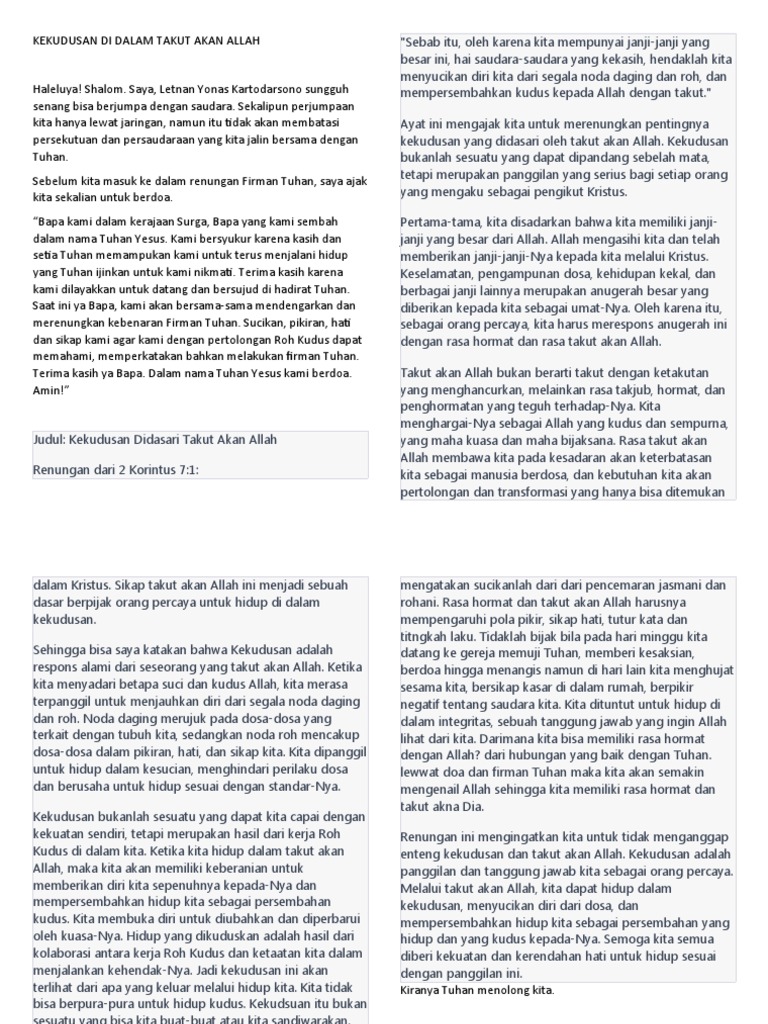 Kekudusan Di Dalam Takut Akan Allah | PDF