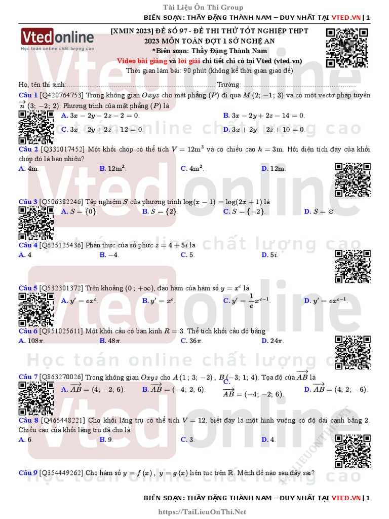 00. (XMIN 2023) Đề số 97 - Đề thi thử tốt nghiệp THPT 2023 môn Toán đợt 1 Sở Nghệ An | PDF