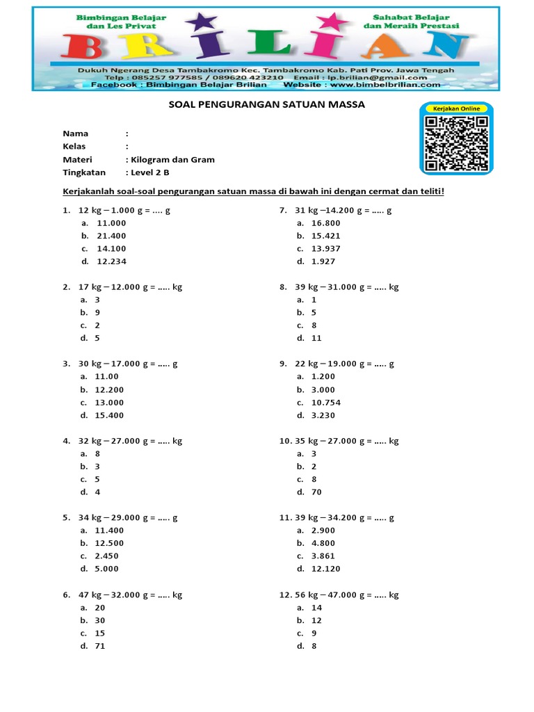 Soal Pengurangan Kilogram dan Gram Level 2B (www.bimbelbrilian.com) | PDF