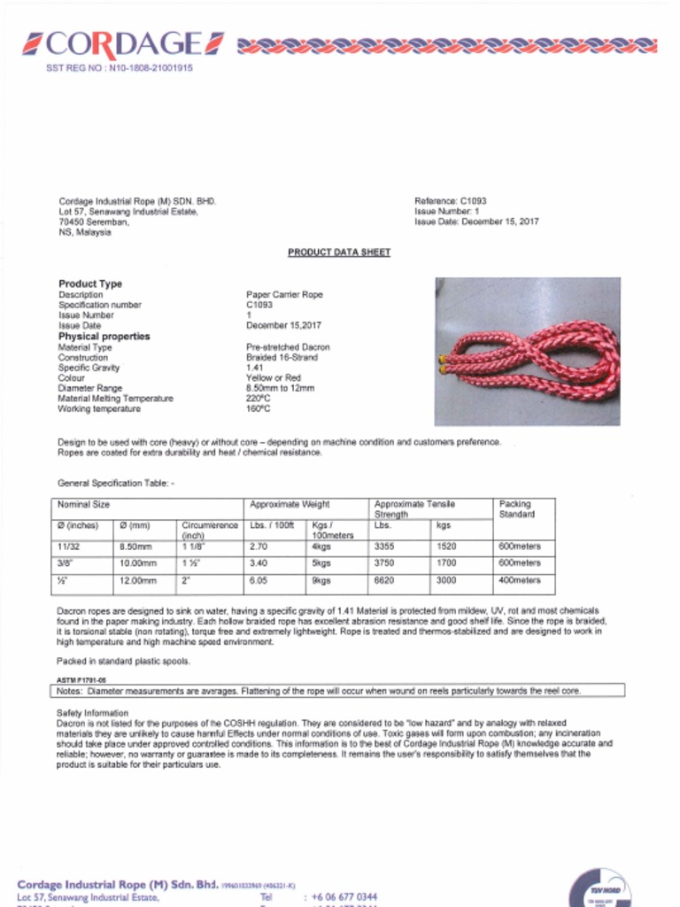 Product Data Sheet - C1093 Paper Carrier Rope | PDF