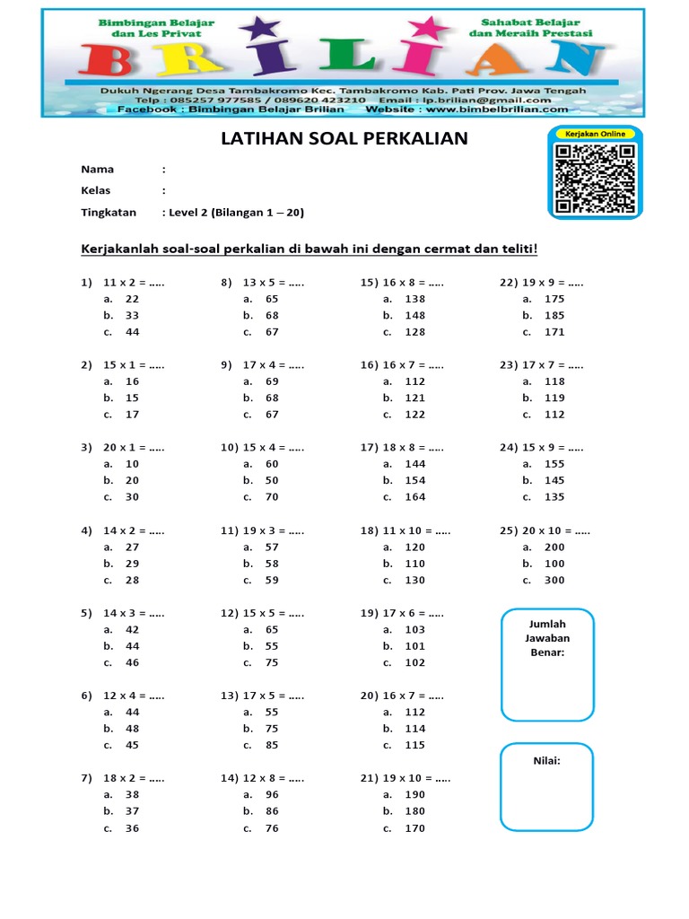 Soal Perkalian Level 2 Bilangan 1 - 20 ( Www.bimbelbrilian.com) | PDF