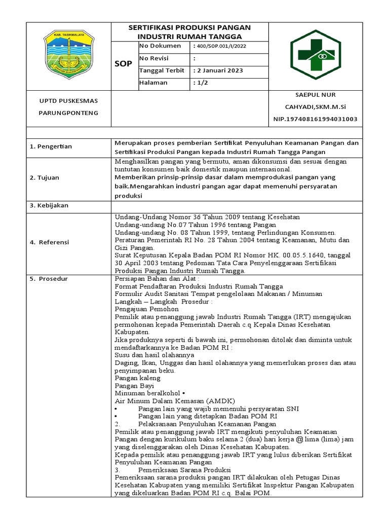 Sop - 5 - Sertifikasi Produksi Pangan Industri Rumah Tangga | PDF