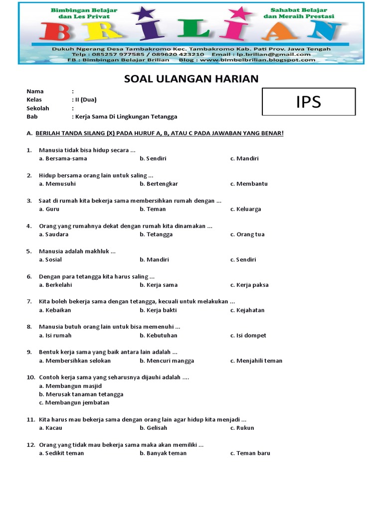 Soal IPS Kelas 2 SD Bab Kerja Sama Di Lingkungan Tetangga | PDF