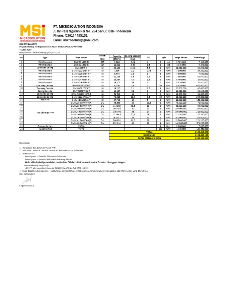 MSB 02423 - BQ Pengadaan AC VRF Gree (PT. Metakom Inti Perkasa) | PDF