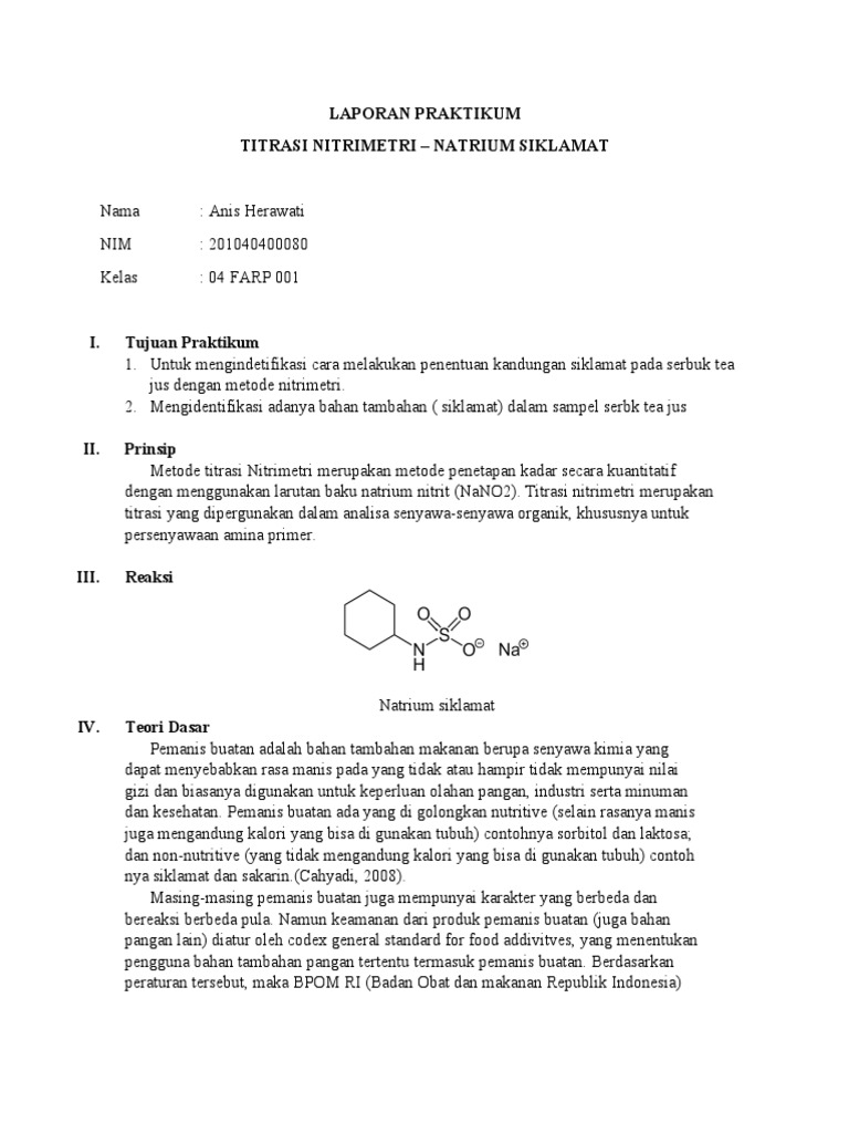 laporan titrasi nitrimetri natrium siklamat | PDF