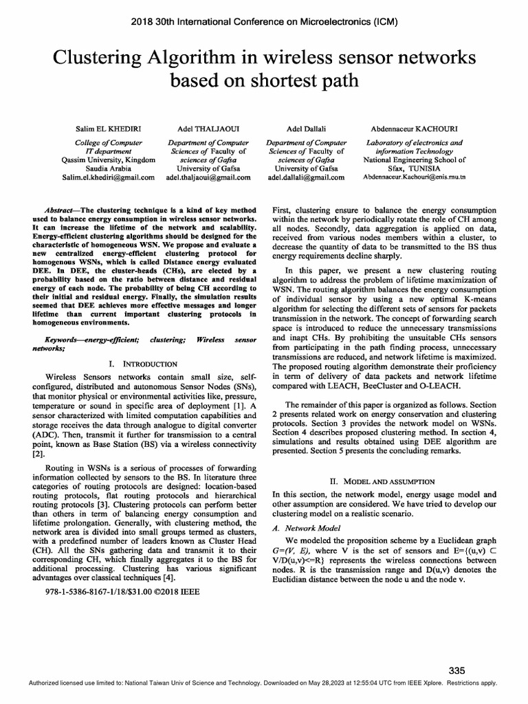 Clustering Algorithm In Wireless Sensor Networks Based On Shortest Pdf Wireless Sensor