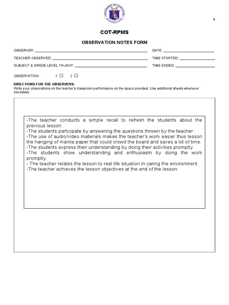 COT-RPMS Observation Notes Sample | PDF | Teachers | Learning