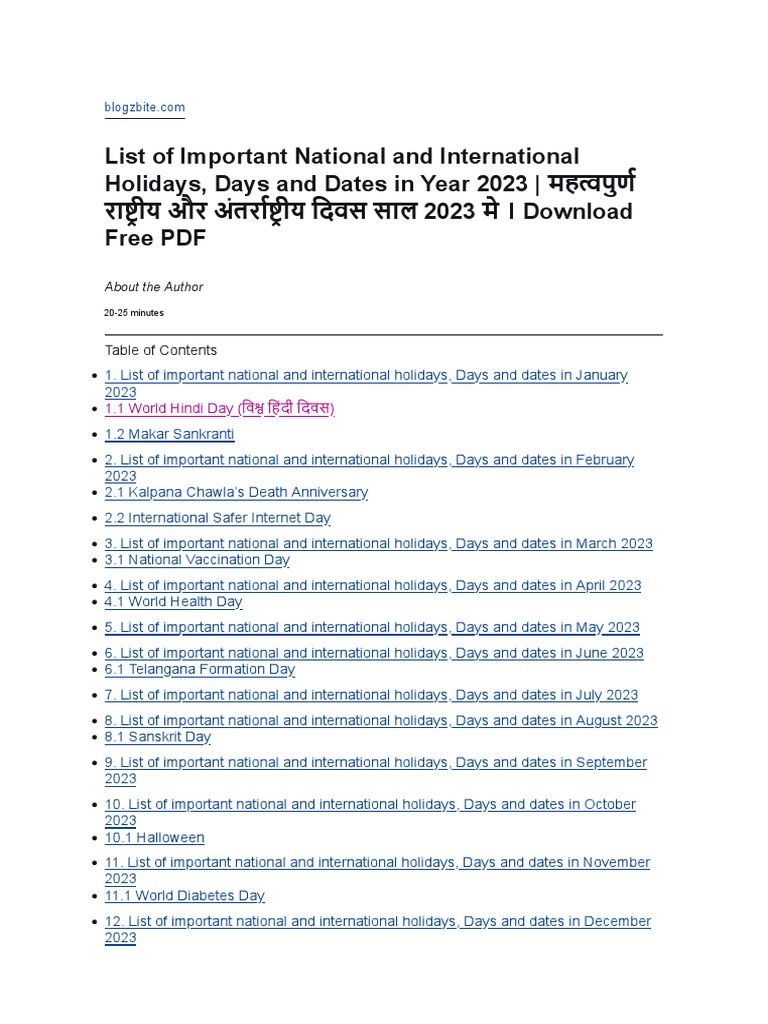 List of Important Days and Dates in Year 2023 | PDF | Observances