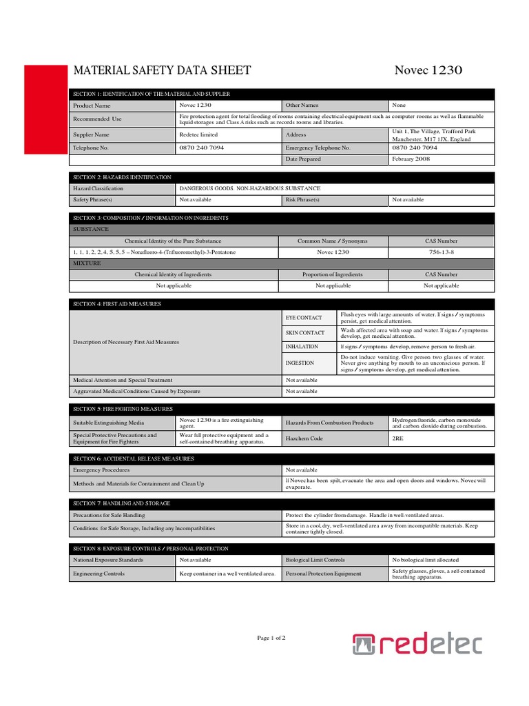 2260_redetec novec1230 safety data sheet | PDF | Combustion | Fires