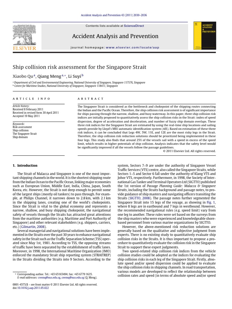 Ship collision risk assessment for the Singapore Strait | PDF | Strait ...