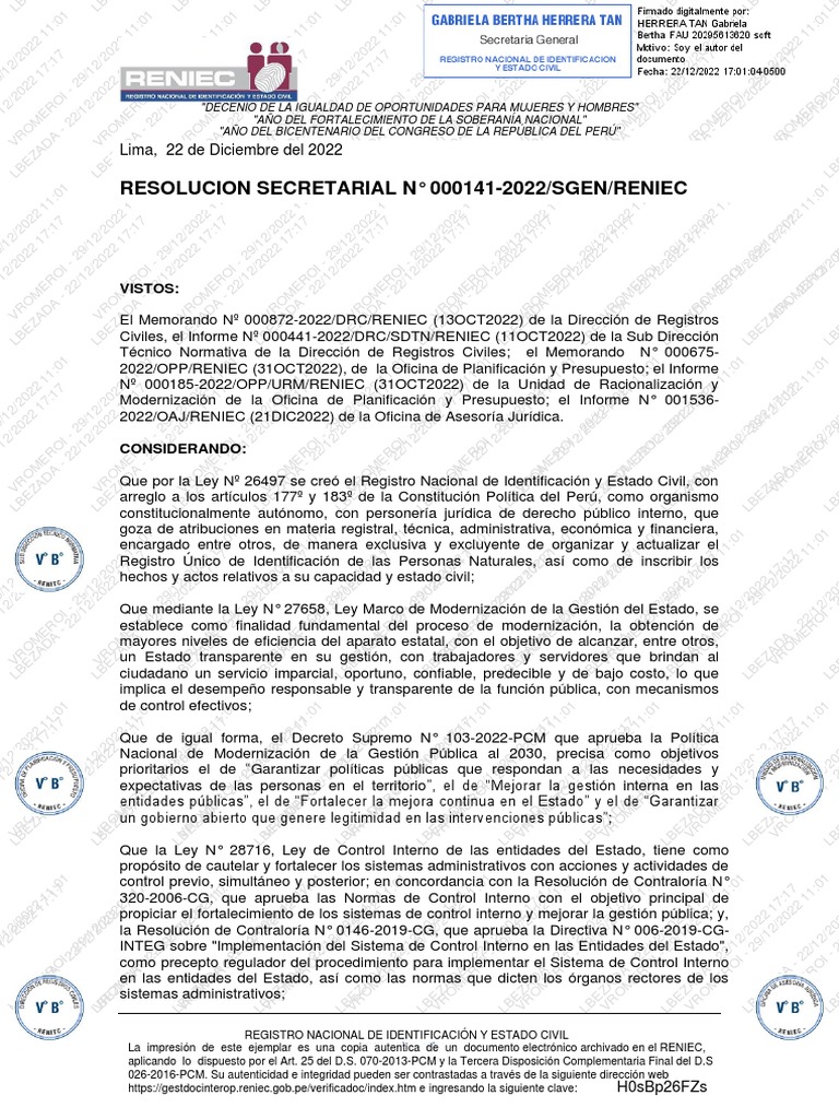 RESOLUCION_SECRETARIAL-Lima-000141-2022-SGEN_RENIEC-2022-12-22 | PDF | Comunidad andina | Justicia