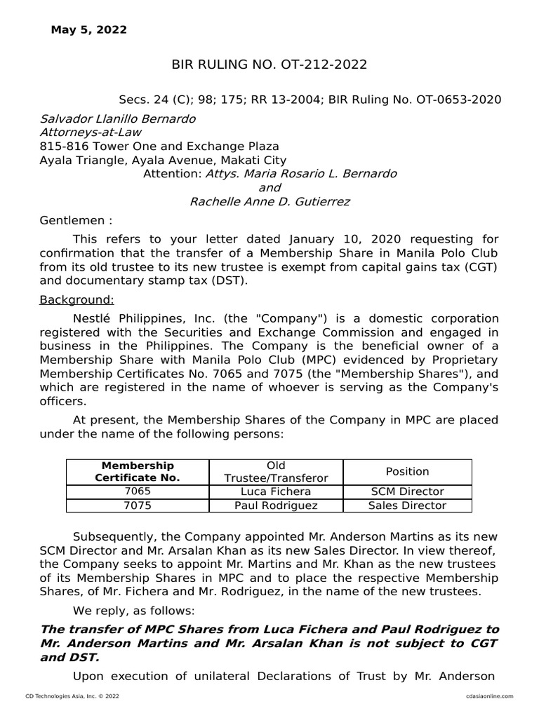 BIR Ruling OT-212-2022 - Transfer of Manila Polo Club Shares To Another ...