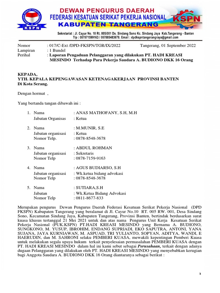 Laporan pengaduan Wasnaker | PDF