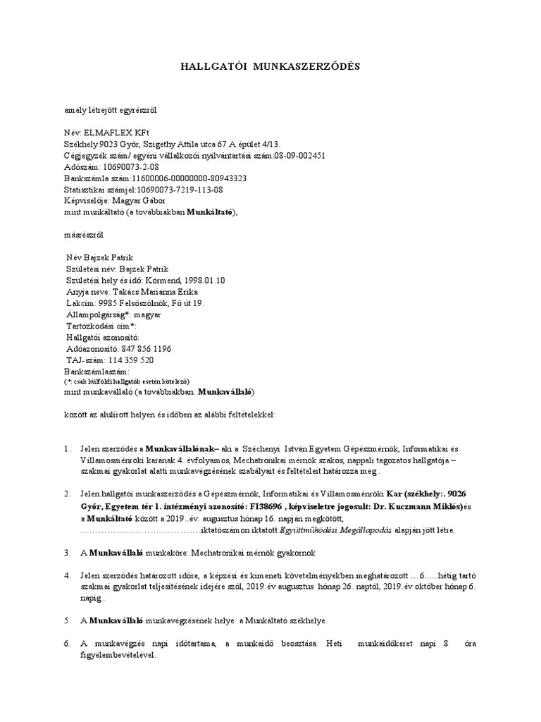 Hallgatói Munkaszerződés Minta | PDF