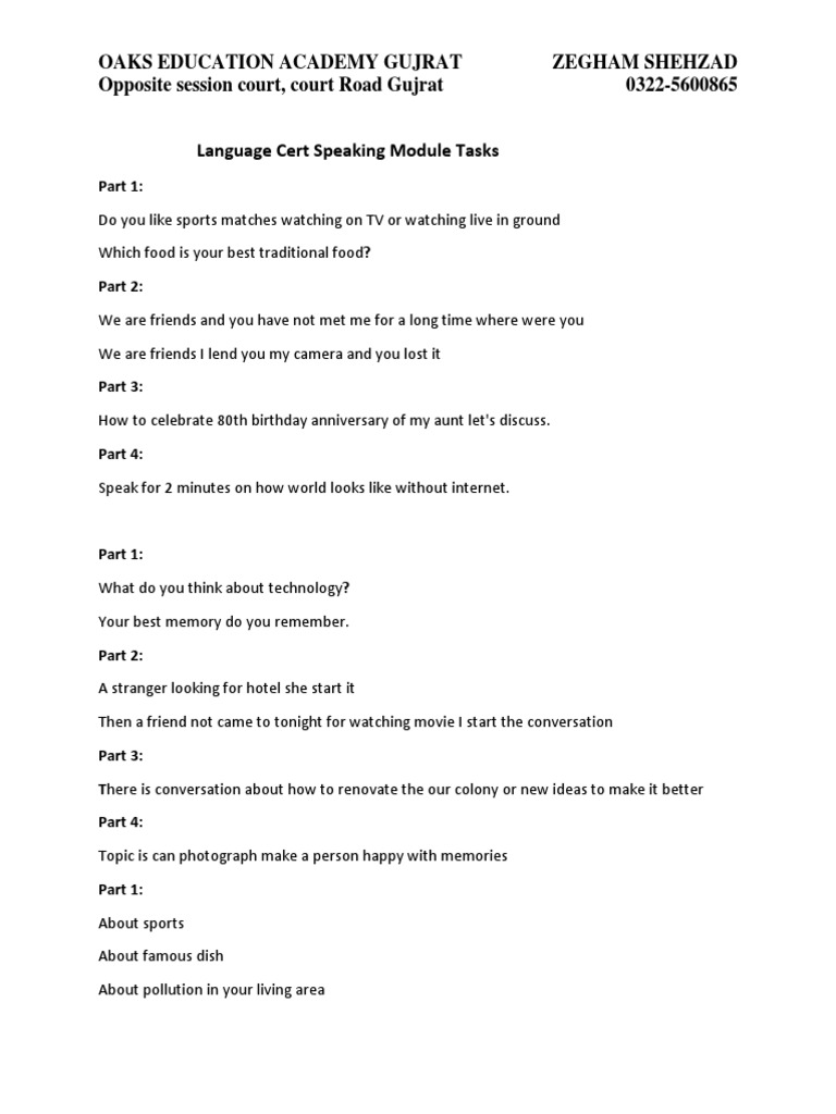 Language Cert Speaking Module Tasks | PDF