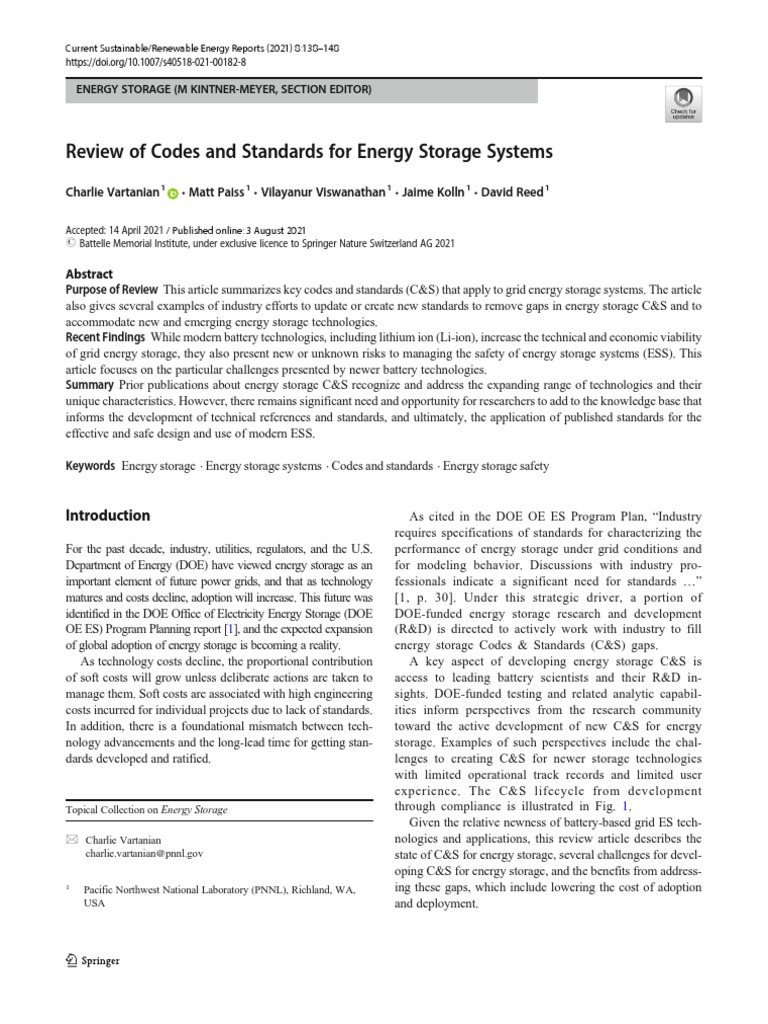 Review of Codes and Standards For Energy Storage Systems | PDF