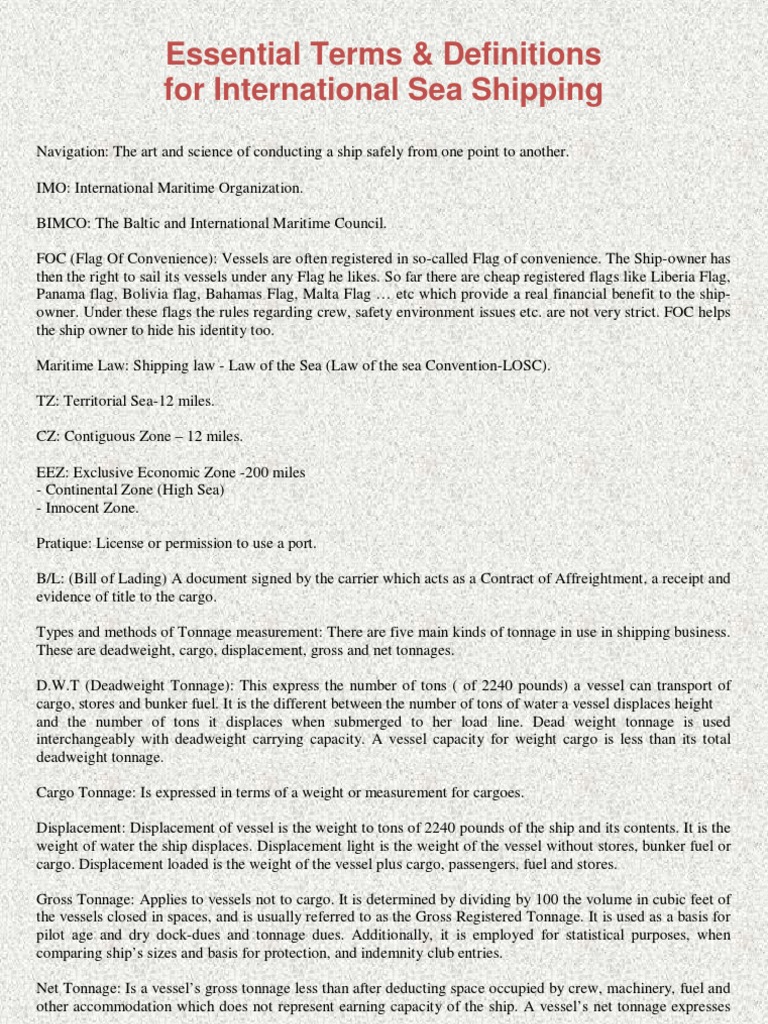 Terms For Sea Shipping | PDF | Tonnage | Insurance