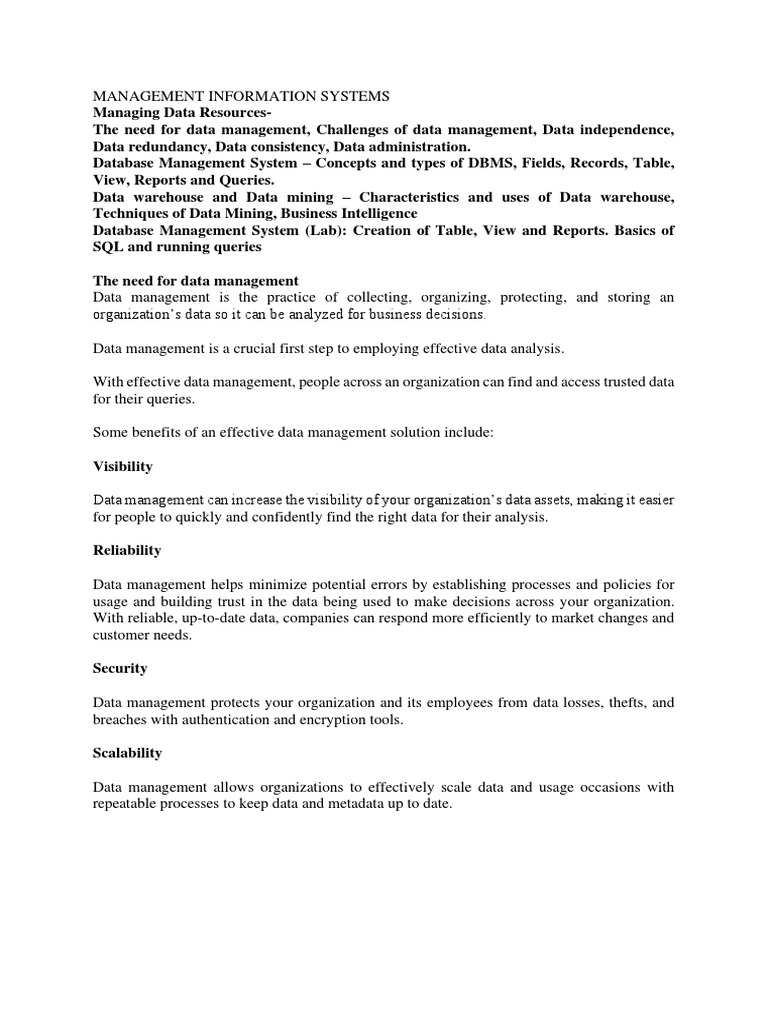 Management Information Systems Unit - 3 Notes-1 | PDF | Databases ...