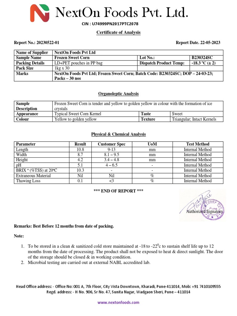 COA - Sweet Corn - B230324SC | PDF | Food And Drink