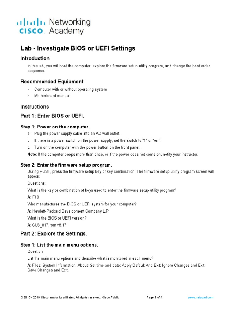 Answering... 3.1.1.6 Lab - Investigate BIOS or UEFI Settings | Download ...