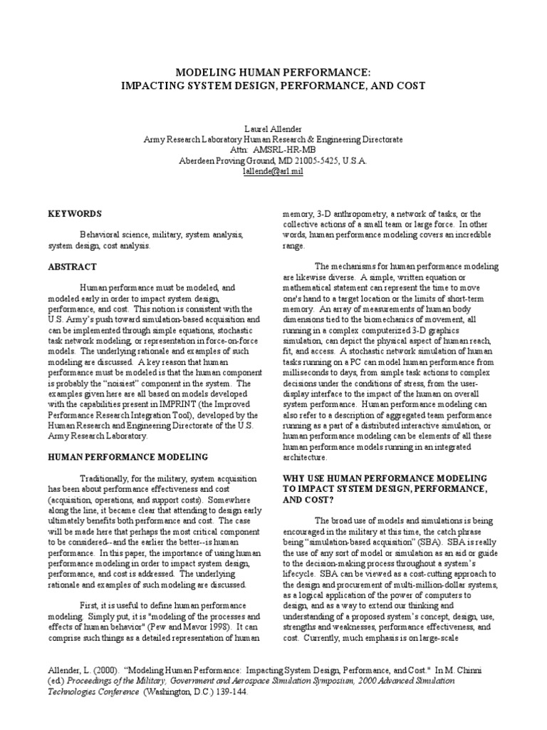 Modeling Human Performance: Impacting System Design, Performance, and ...