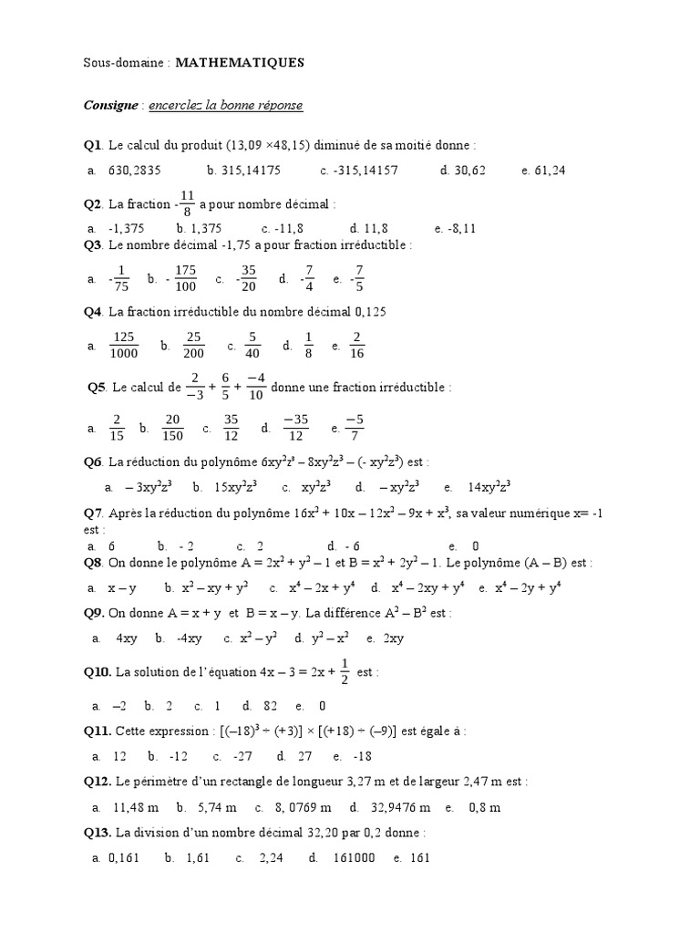 Questionnaire Tenasosp 2024 Mathématiques | PDF | Lexicologie | Objets ...