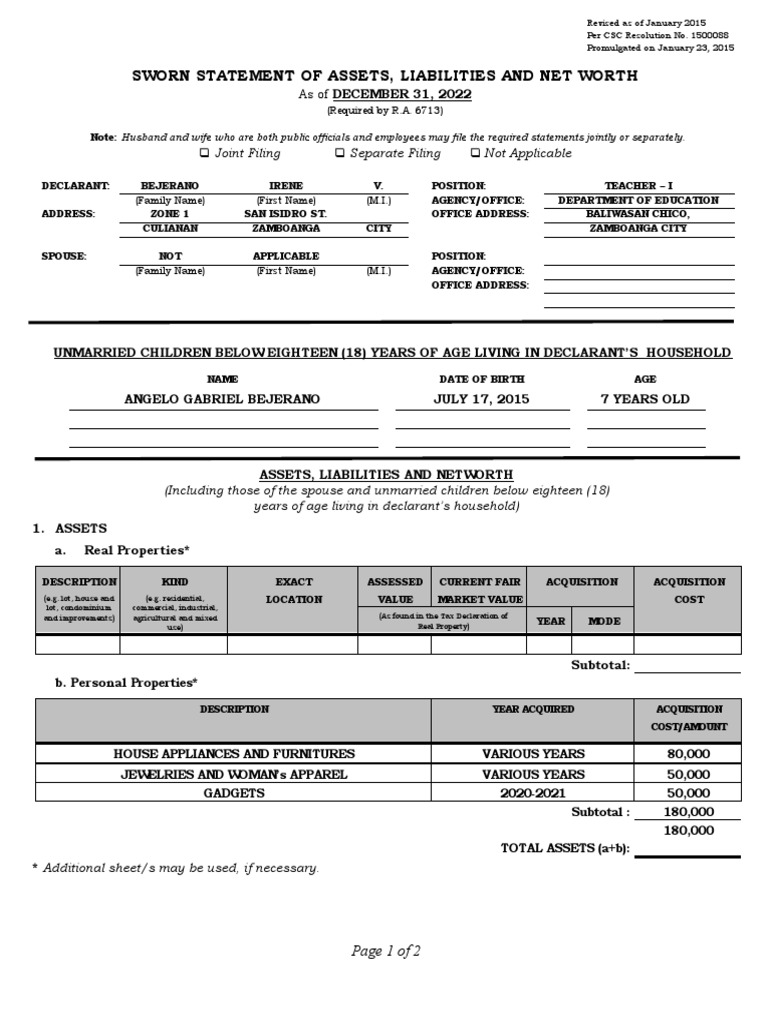 Sworn Statement of Assets, Liabilities and Net Worth | PDF | Net Worth | Economies
