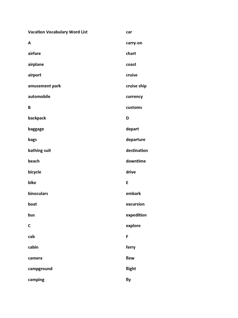 Vacation Vocabulary list | PDF