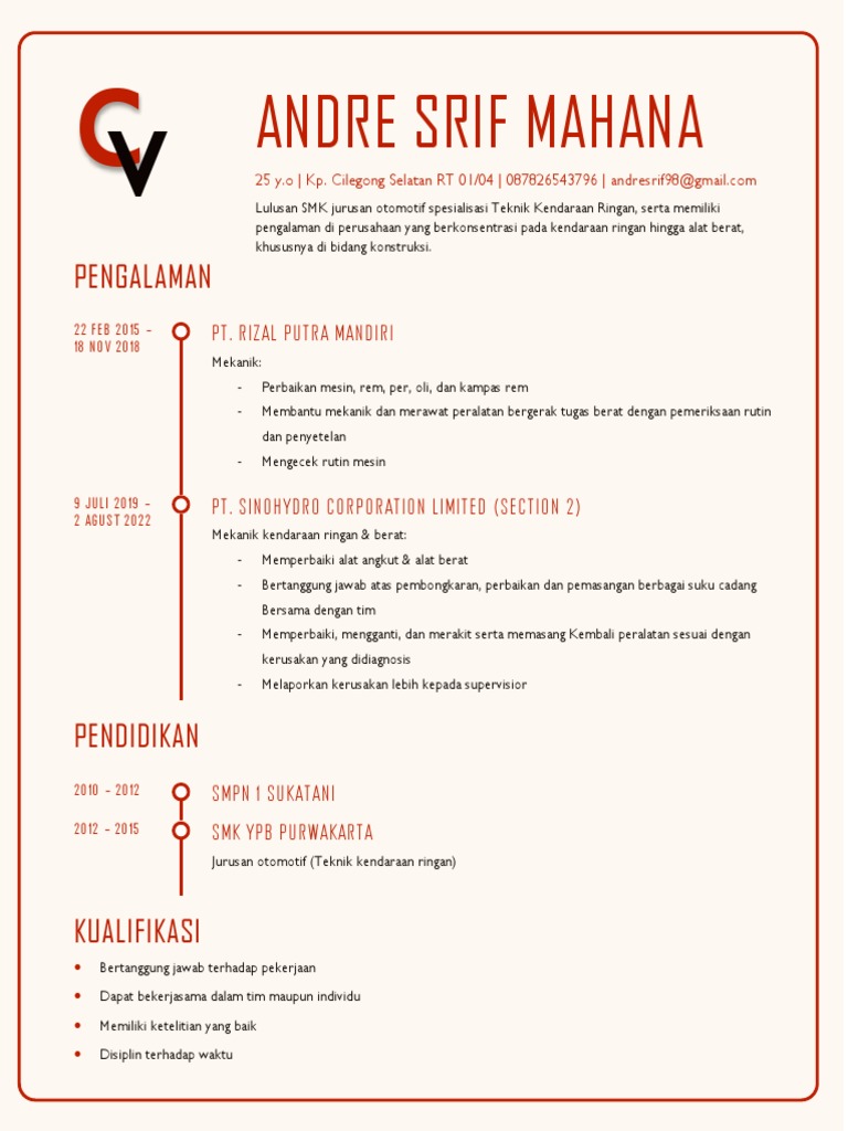 CV. Andre Sarif Mahana | PDF | Teknologi & Rekayasa