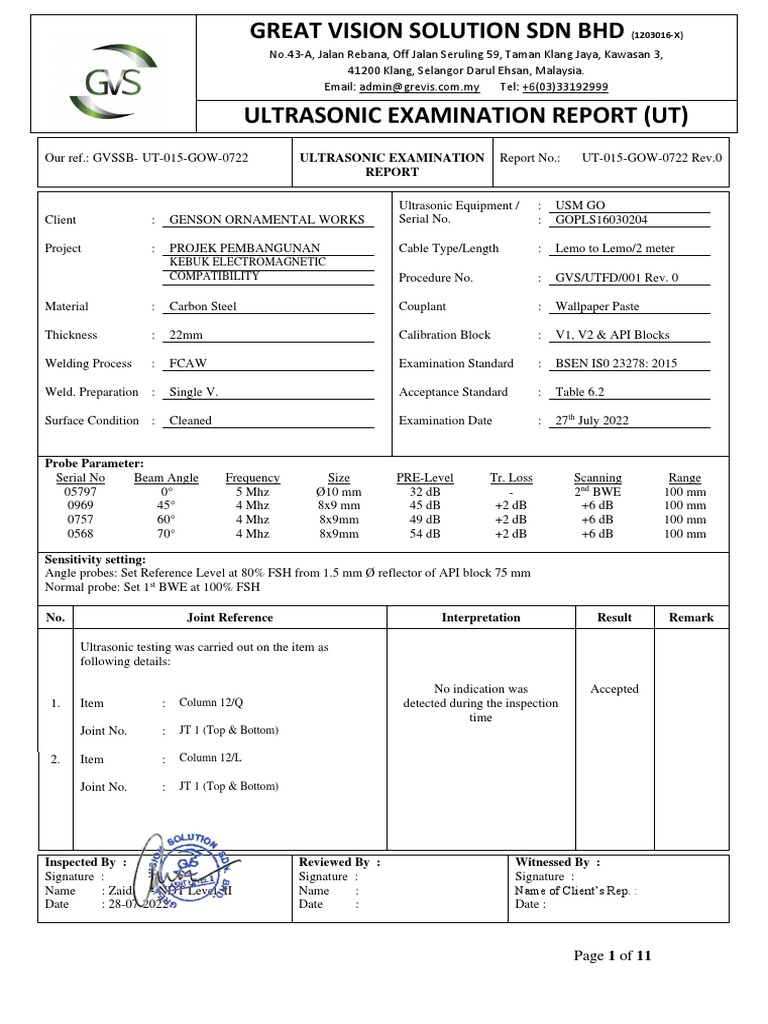 Ultrasonic Testing Report for Genson | PDF | Nondestructive Testing ...