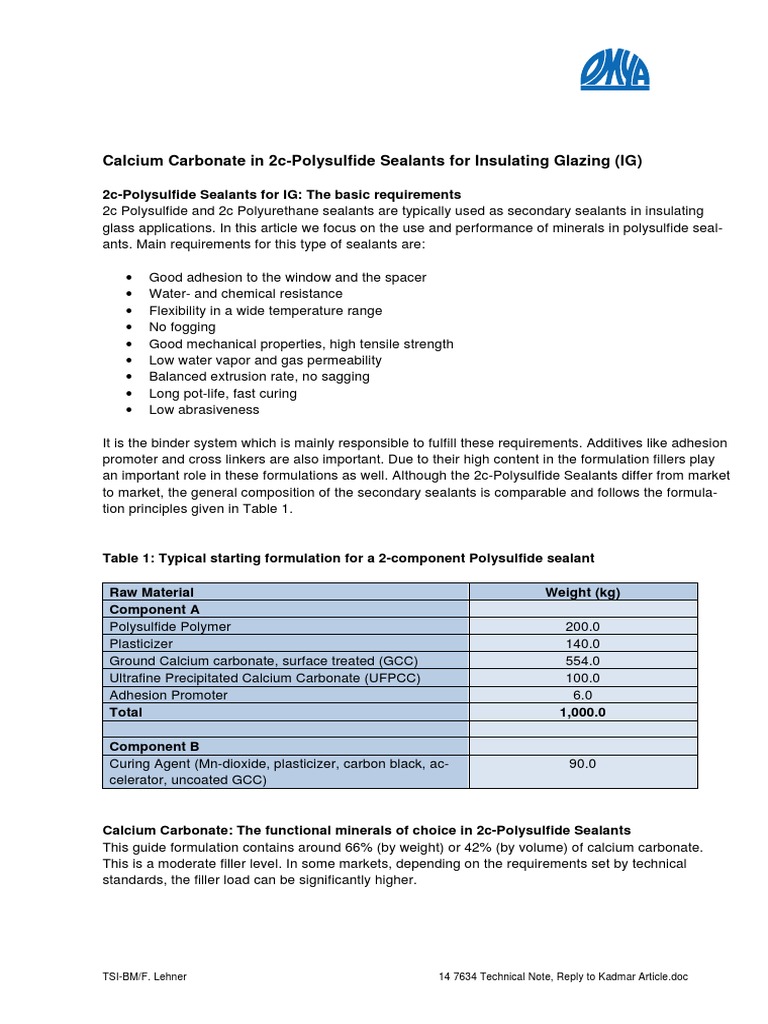 CON Calcium Carbonate in 2c-Polysulfide Sealants For Insulating Glazing ...