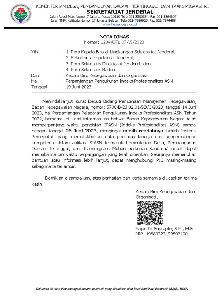 Nota Dinas Perpanjangan Pengukuran Indeks Profesionalitas ASN Tahun ...