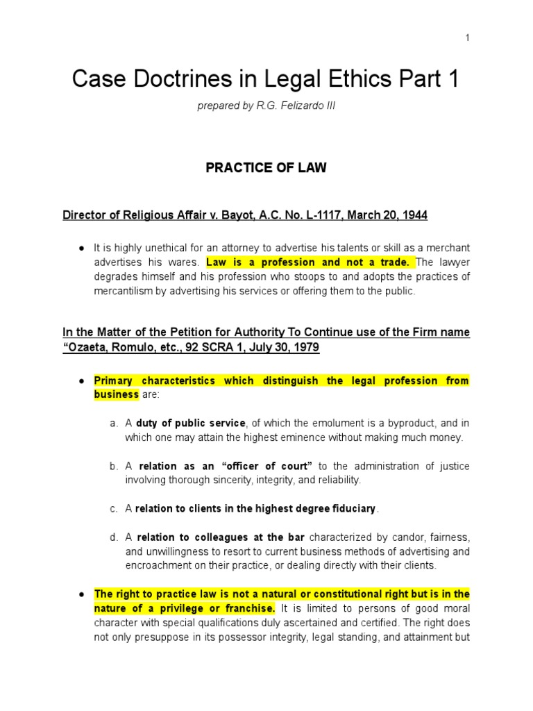 Case Doctrines in Legal Ethics Part 1 | PDF | Lawyer | Practice Of Law