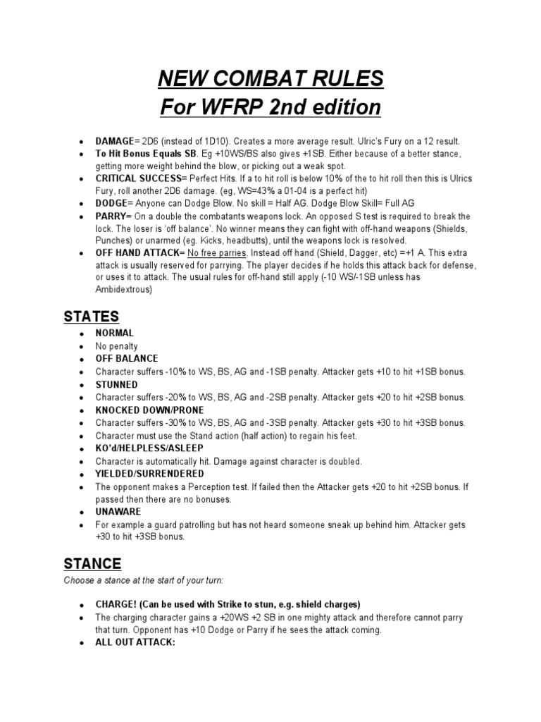 WFRP 2E Combat Rules Overview | PDF | History