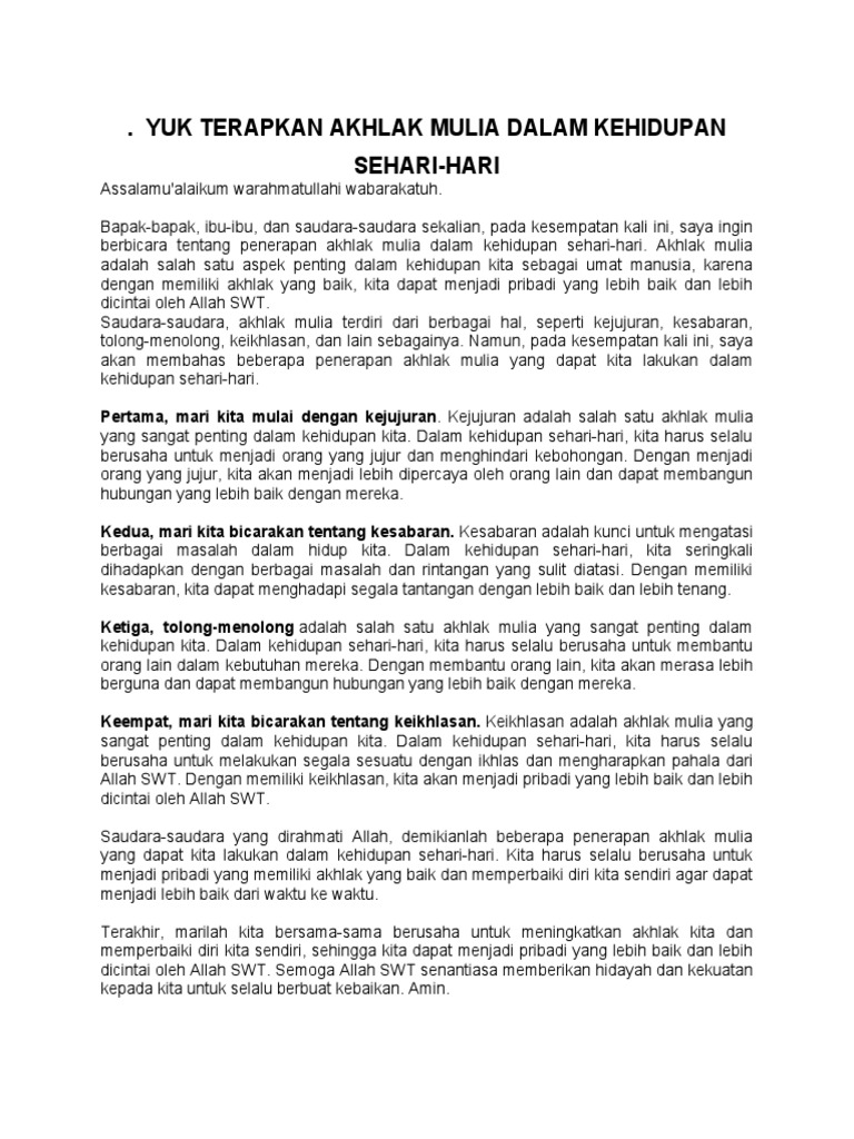 Yuk Terapkan Akhlak Mulia Dalam Kehidupan Sehari | PDF