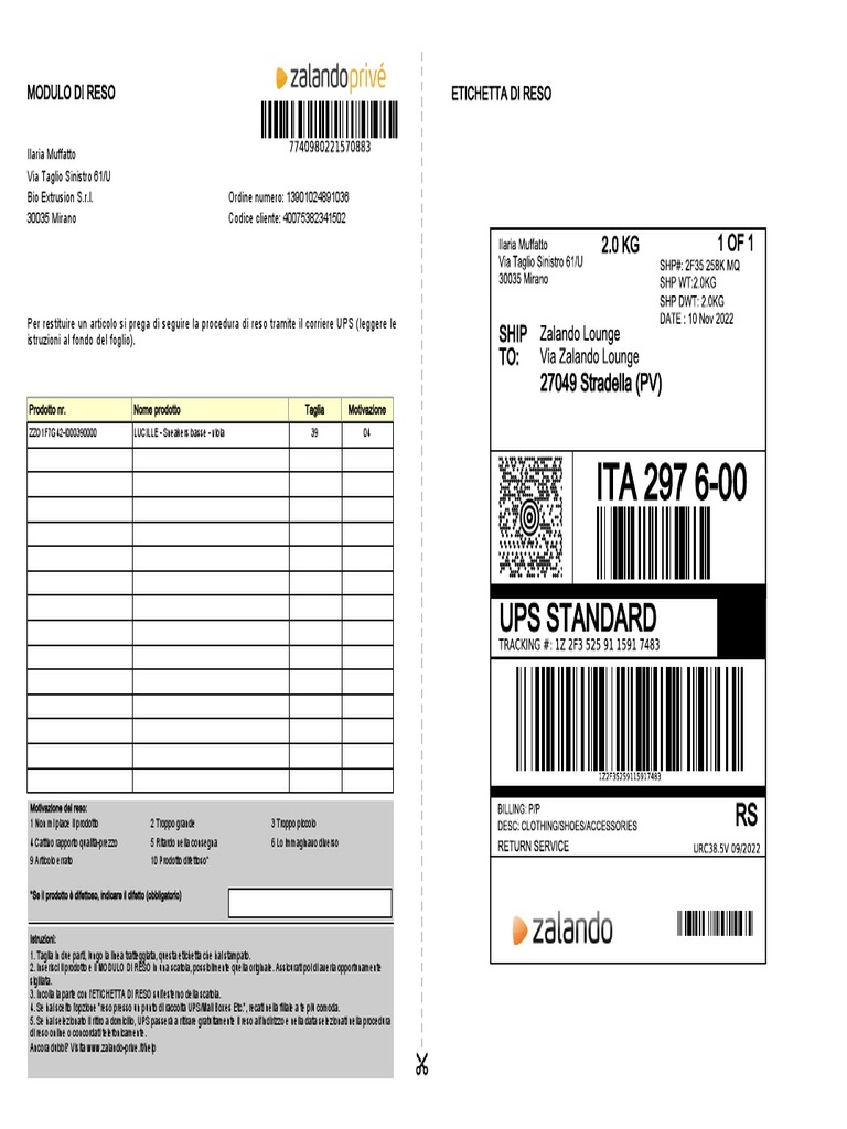Modulo Di Reso Etichetta Di Reso: Prodotto Nr. Motivazione Taglia Nome ...