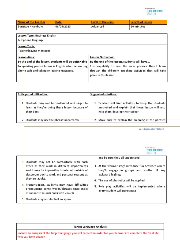 2.template Business English | PDF | Lesson Plan | Second Language