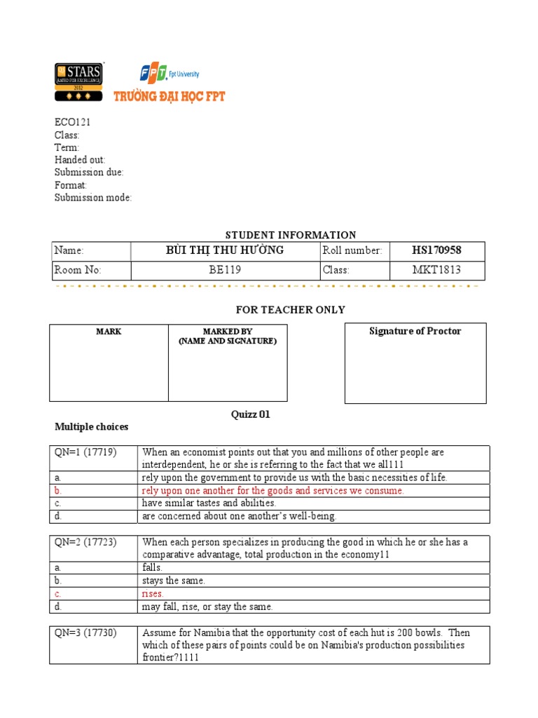 Eco121 - Quiz 1 - Mkt1813 - Bùi Thị Thu Hường - Hs170958 | PDF | Cost Of Living | Consumer Price ...