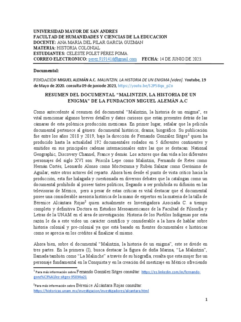 Documental: Malintzin, Enigma Histórico | PDF | Ciencias sociales | Historia