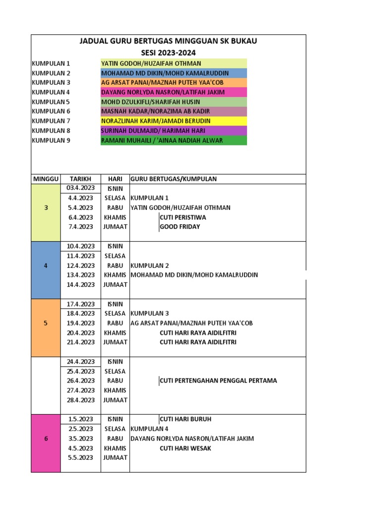 Jadual Bertugas Mingguan 2023 2024 | PDF