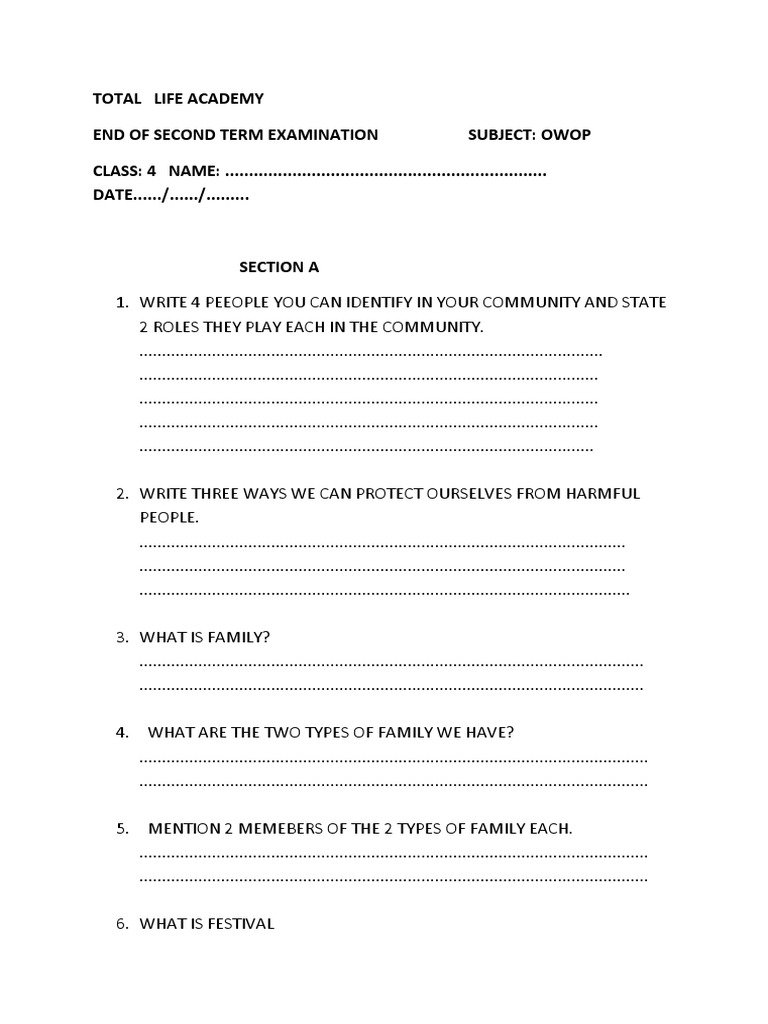 Total Life Academy Owop Examination Questions For Class 4 | PDF ...