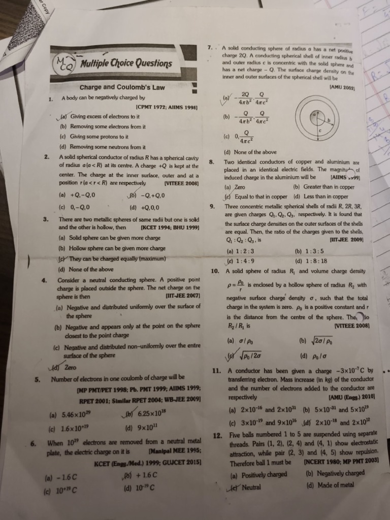 Multiple Choice Questions on Electrostatics | PDF