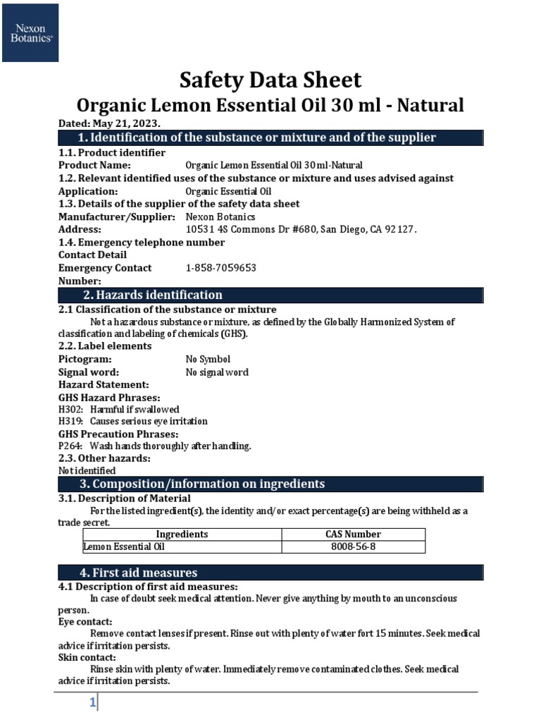 Organic Lemon Essential Oil 30 ML - Natural SDS | PDF | Dangerous Goods ... Organic Lemon Essential Oil 30 ML - Natural SDS | PDF | Dangerous Goods ...